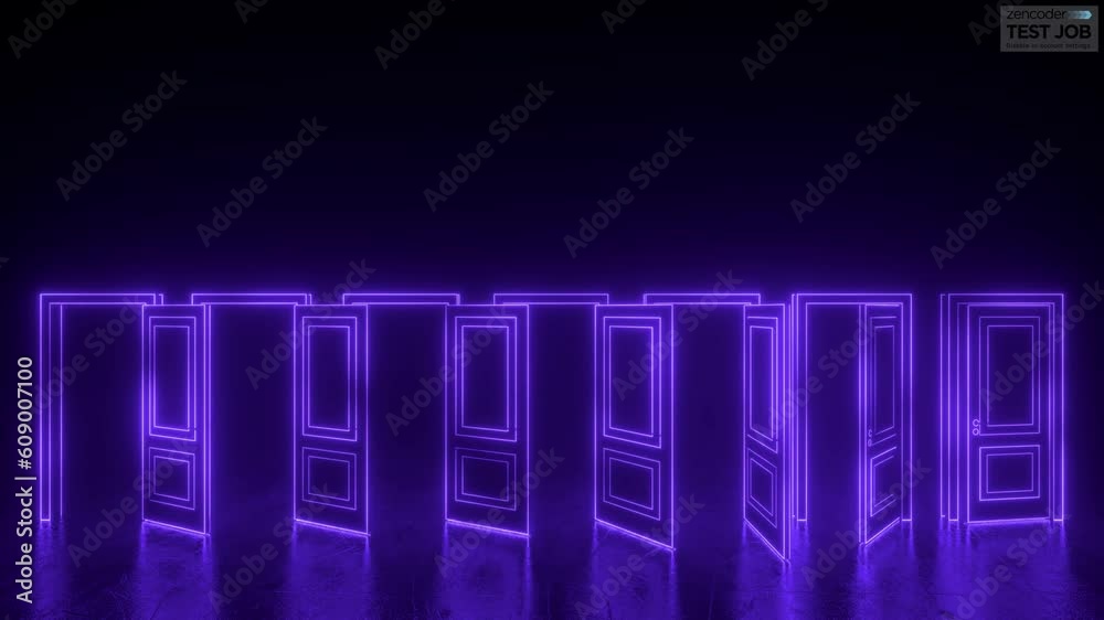 A row of purple neon closed doors with luminous lines take turns ...