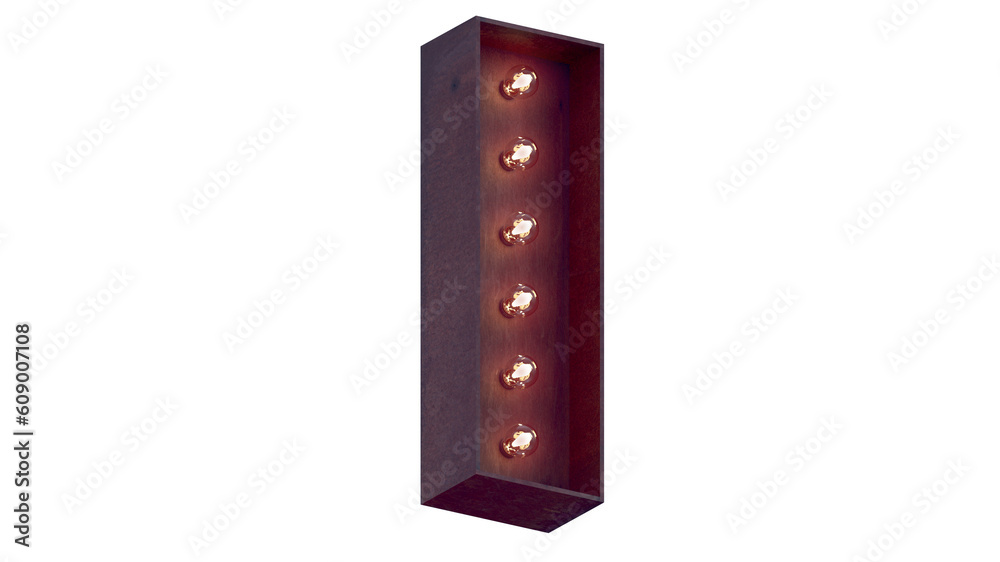 Light bulb glowing letter alphabet character I font. Perspective view ...