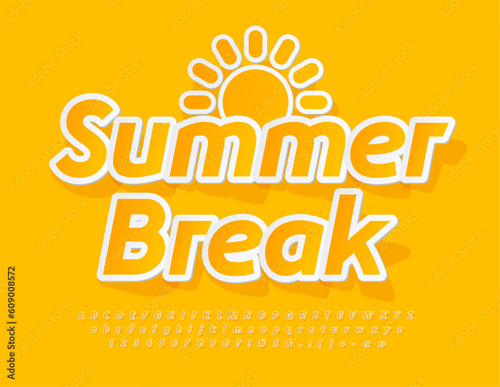 Vector seasonal poster Summer Break with decorative Sun. Yellow sticker ...