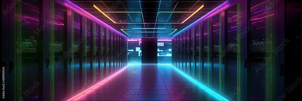 Dark with Neon Blue, Pink Lights server room data center storage ...