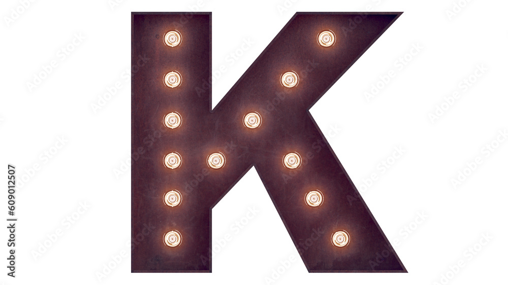 Light bulb glowing letter alphabet character K font. Front view ...