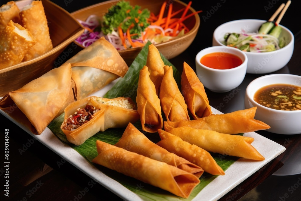 platter of fusion-inspired appetizers, including spring rolls, wontons ...