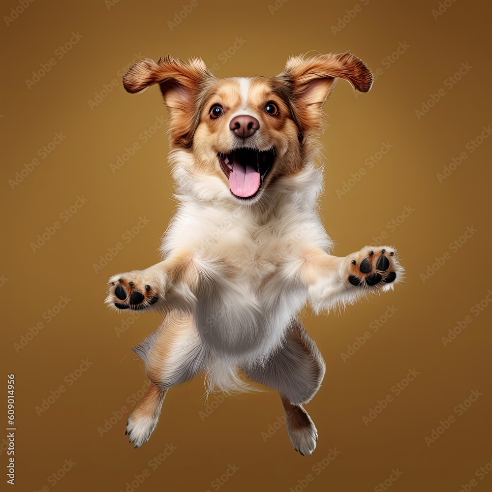 Happy cute dog jumping on isolated solid background generative ai Stock ...