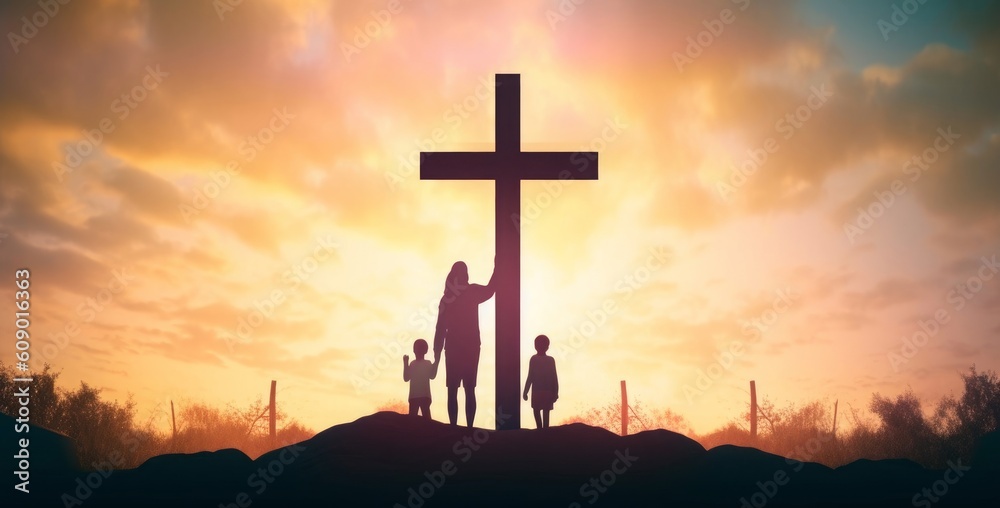 Parents and children worship on the cross background, Generative AI Stock Illustration | Adobe Stock