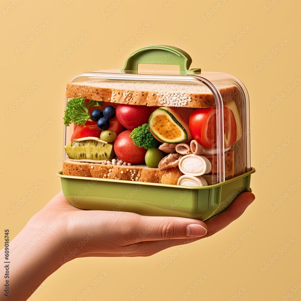 Hand holding lunch box full of vegetables, fruits and sandwich on ...