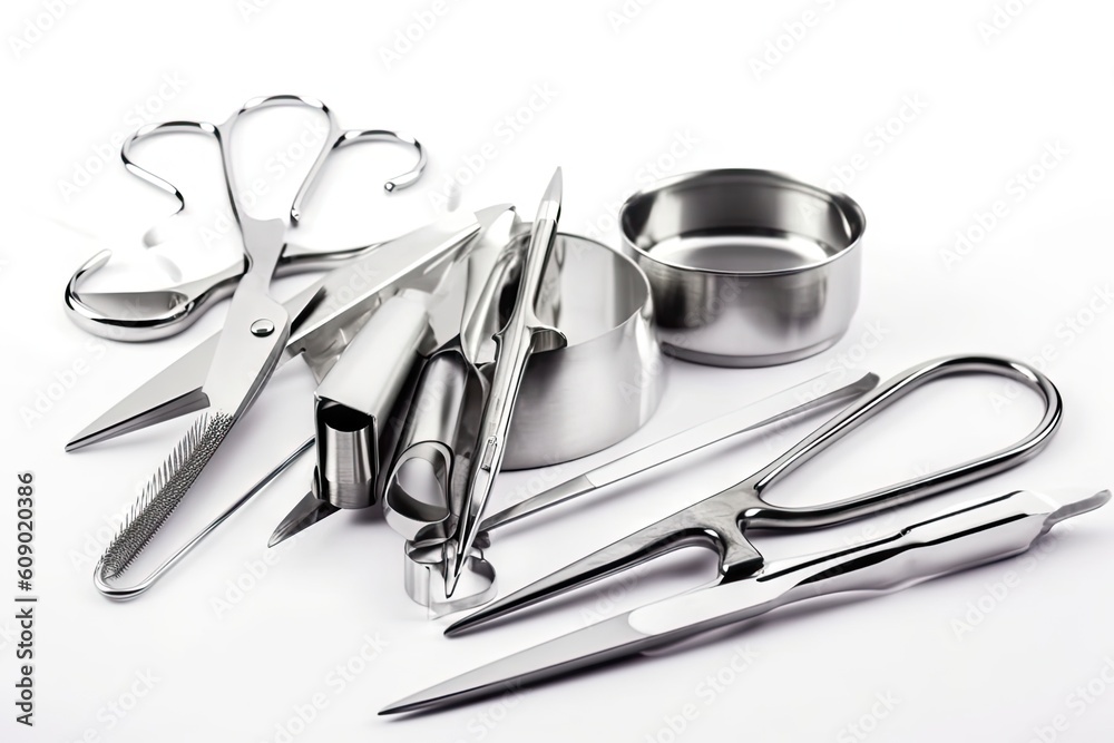 sterile surgical instruments on white background, in medical and ...