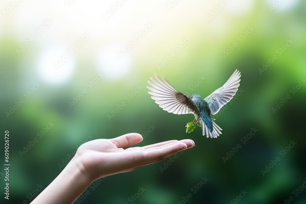 International day of peace concept: hand holding bird flying on nature ...
