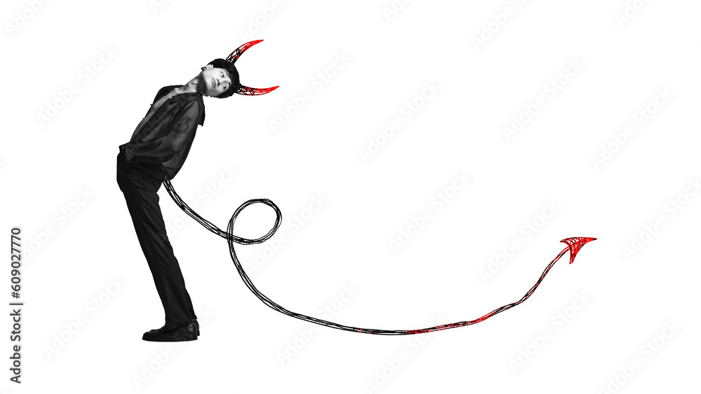Hidden self. Young man in image of devil. Following emotions, dark side ...