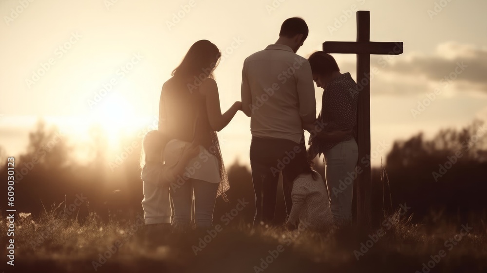 Family worship and praise concept: family praying before the cross, Generative AI Stock ...