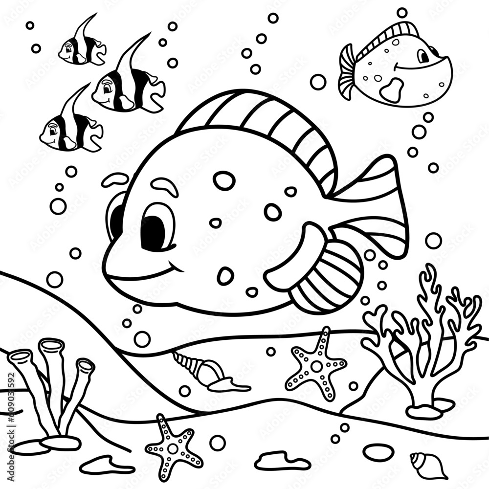 Coloring book for children with fish. Undersea world. Corals and stones ...