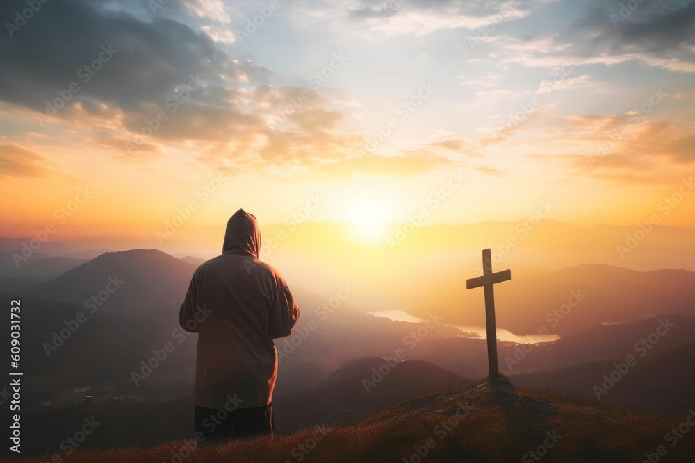 Mom and daughter praying and worship to GOD on mountain sunset ...