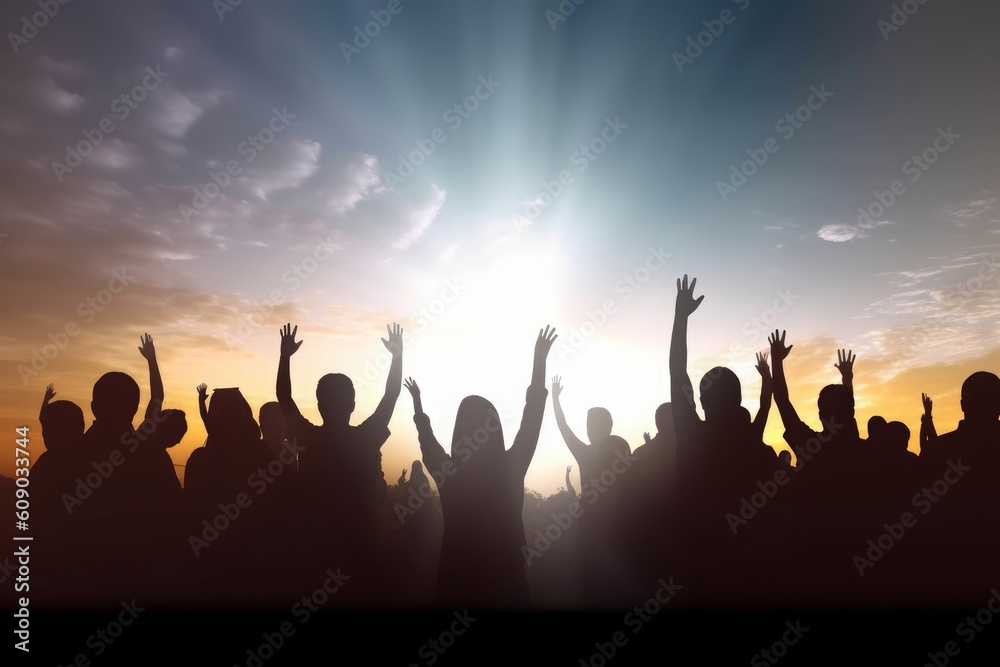 Worship and praise concept: Silhouette many people raised hands over ...