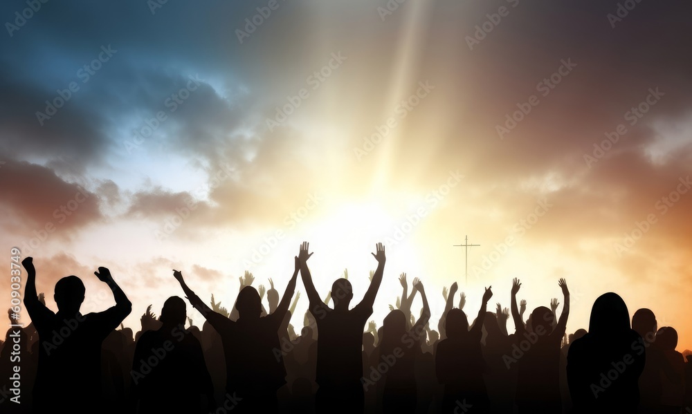 Worship and praise concept: Silhouette many people raised hands over ... Worship and praise concept: Silhouette many people raised hands over ...