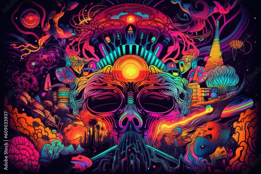 trippy and psychedelic poster for music festival, with a mix of neon ...