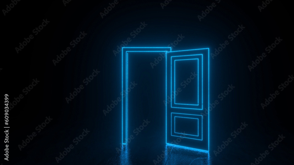 Blue neon open door with glowing lines. Cyberpunk neon door background ...