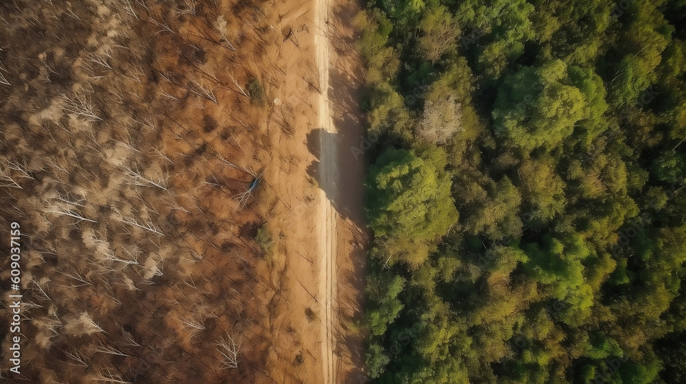Deforestation aerial split image from above top view, illustration ...