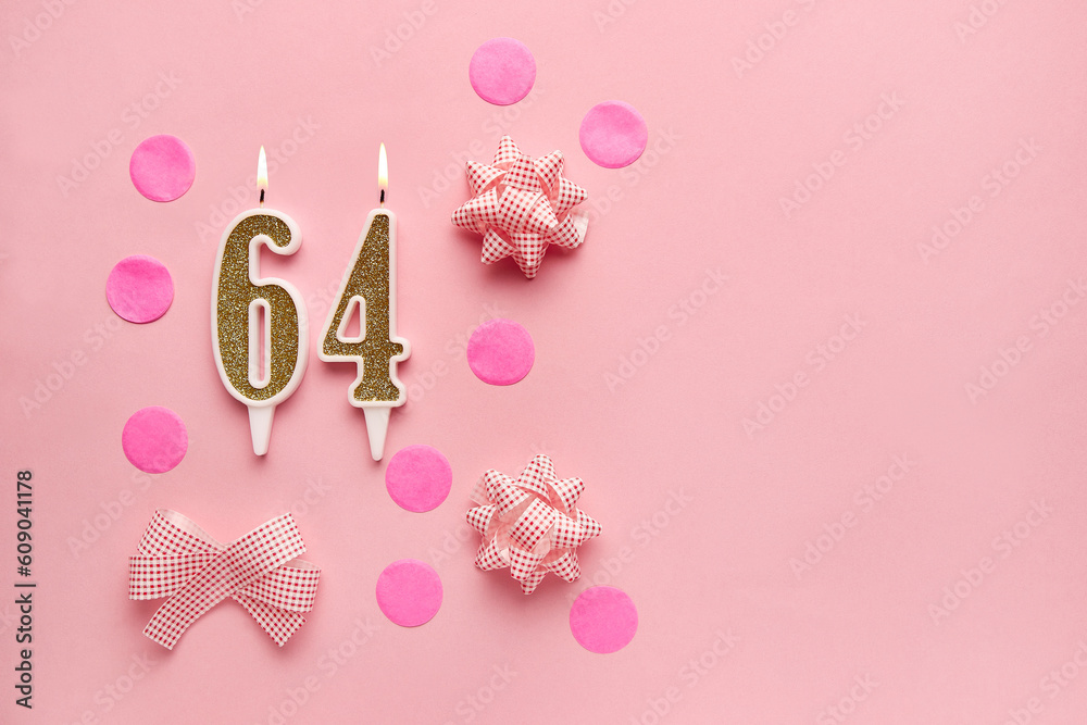 Number 64 on pastel pink background with festive decor. Happy birthday ...