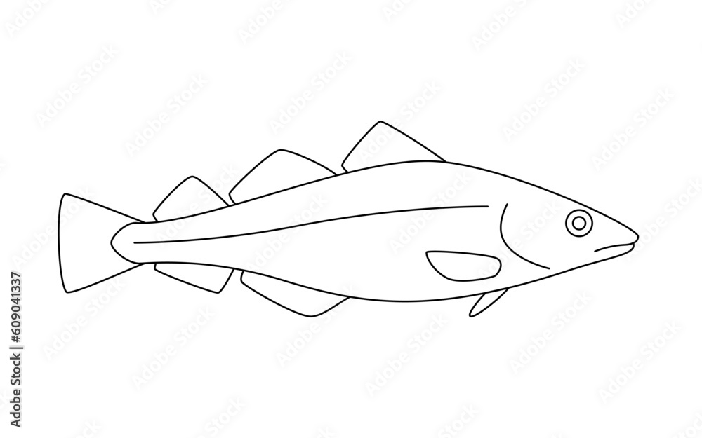 Codfish haddock line art, cod seafood and underwater animal. Water ...