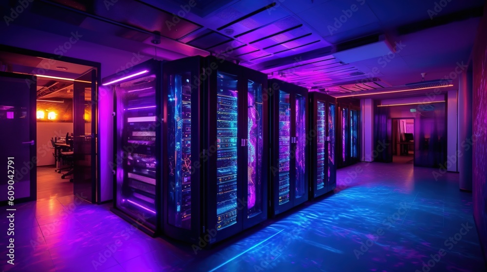 Generative AI, Data Center, modern high technology server room in purple neon colors. Modern ...