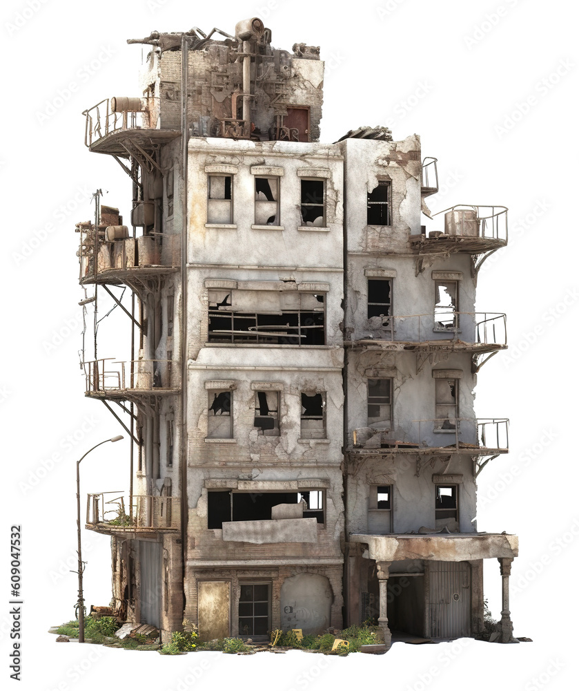 abandoned ruined destroyed apocalyptic city building on transparent ...