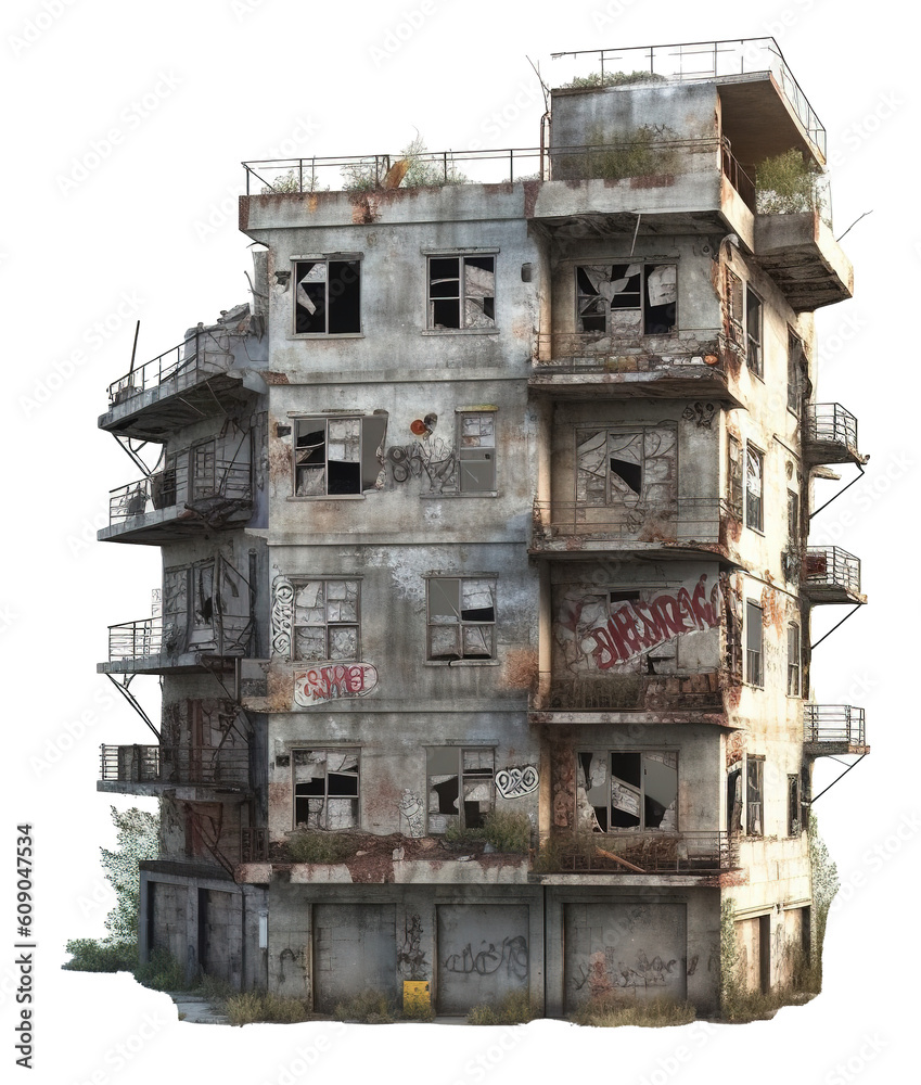 abandoned ruined destroyed apocalyptic city building on transparent ...