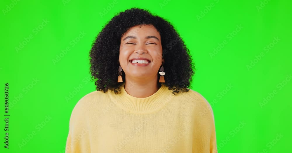 Woman, laughing portrait and face on a green screen with happiness and ...
