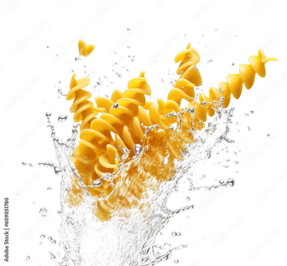 dynamic boiling fusilli noodle pasta with water splash on transparent ...