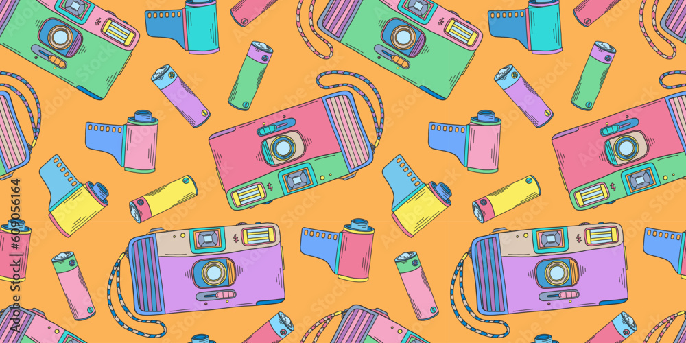 Photo camera pattern. 2000s photo camera, film and batteries. Y2k trend ...