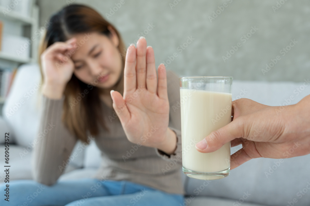 Milk allergens, Sick sad unhealthy ill allergic woman, runny stuffy ...