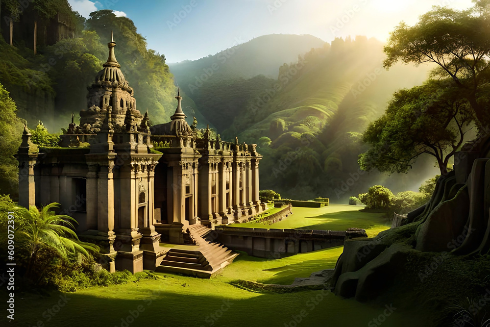 An ancient temple complex nestled within a dense jungle, towering stone ...