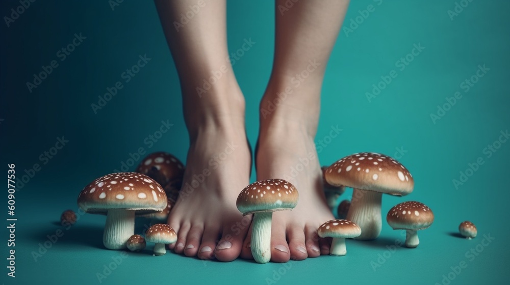image with female bare legs, feet with mushrooms between fingers ...