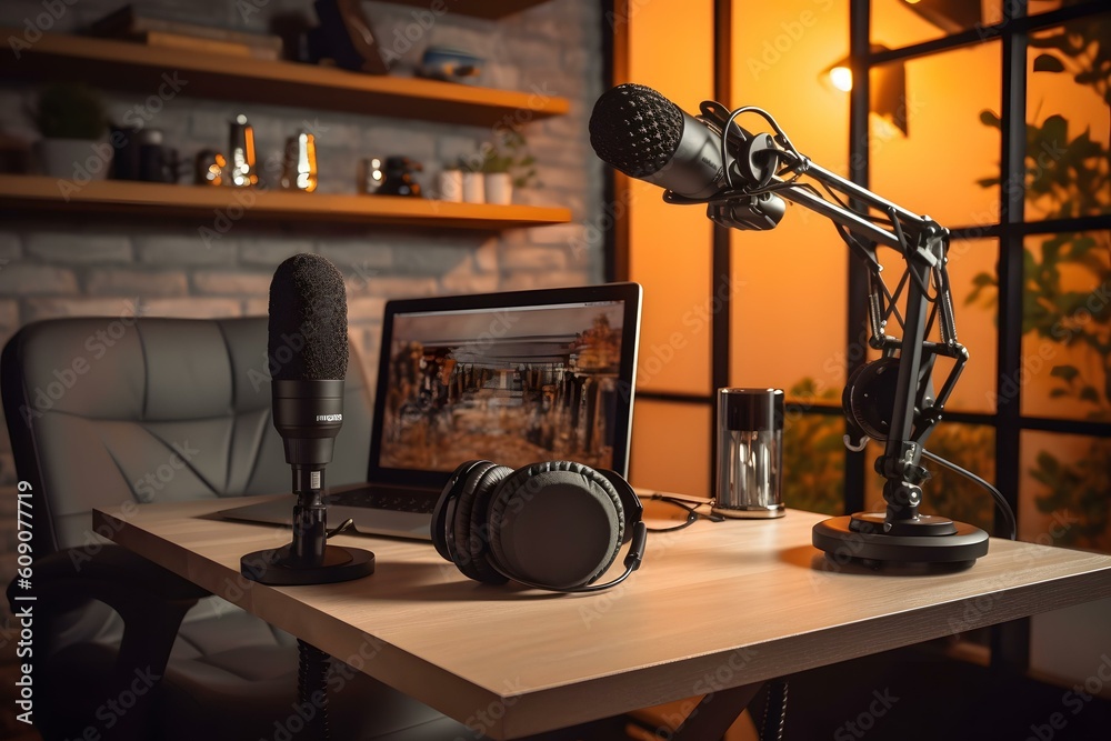 stock photo a podcast studio room microphone ultra realistic ...