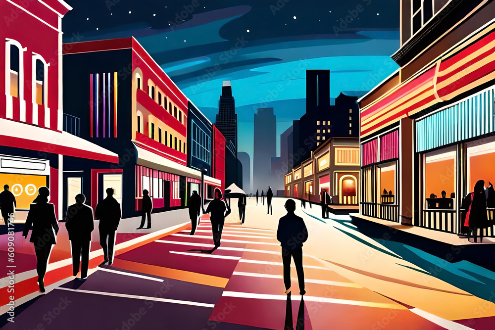 A vibrant city street filled with colorful storefronts, bustling with ...