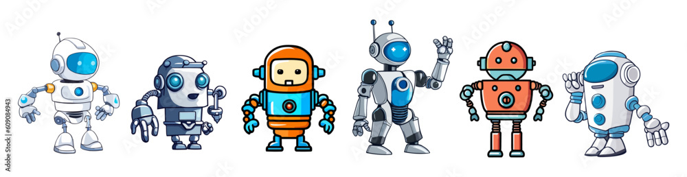 Set of cute Robot, chatbot, AI bot characters, cartoon future mascot ...