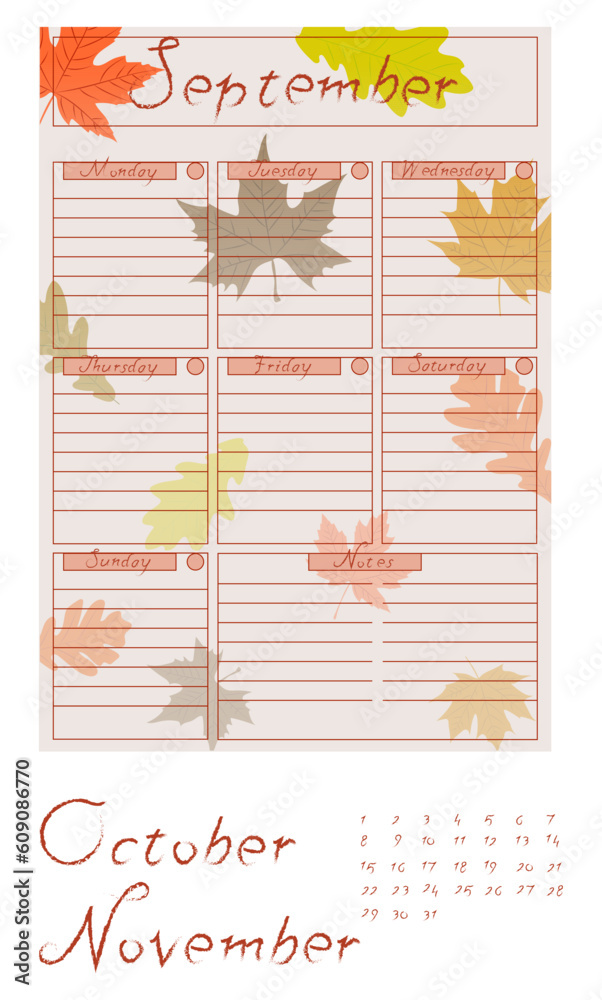 The planner - fall, autumn, the page is divided into days of the week ...