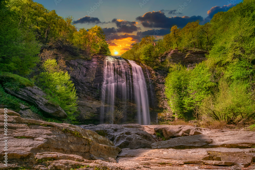 Suuctu waterfalls in Mustafa Kemal Pasa, Bursa, Turkey. Sunset view ...
