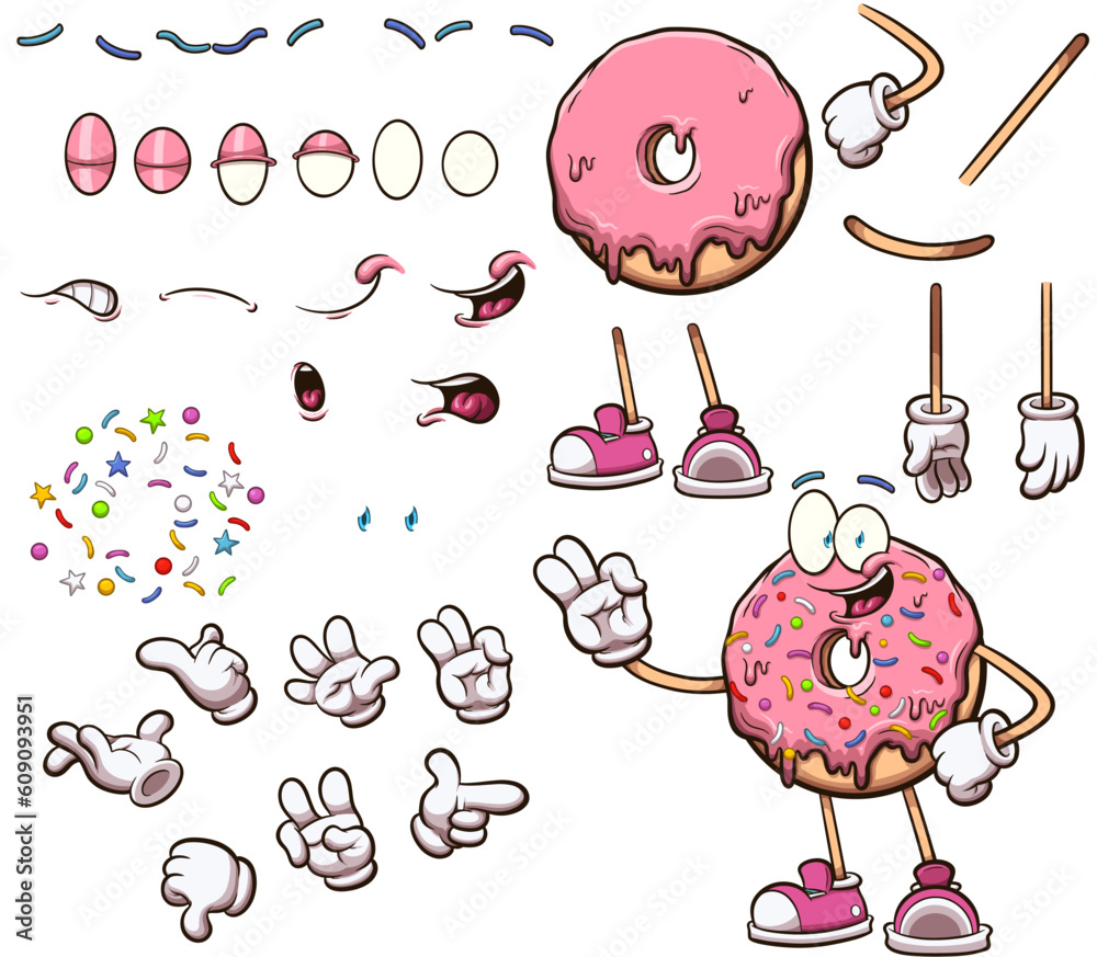 Vetor de Cute Donut Character Set With Different Hand Movements And ...