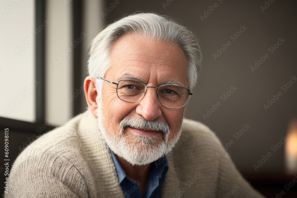 Portrait of the retired old man grandpa grey hair with a cheerful smile ...