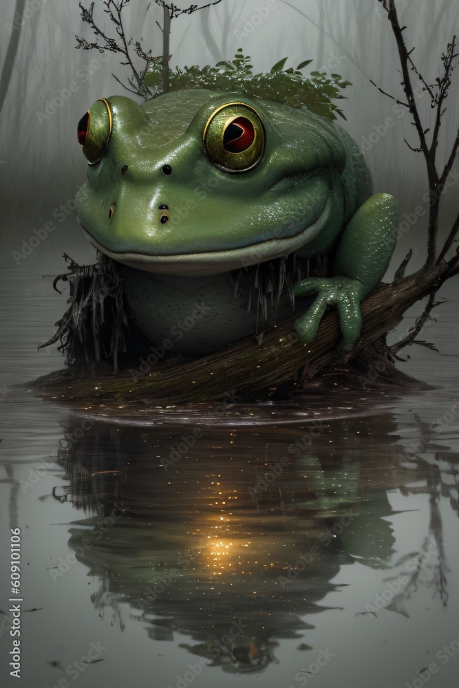 Sorrowful frog bids farewell to departing geese in misty swamp ...