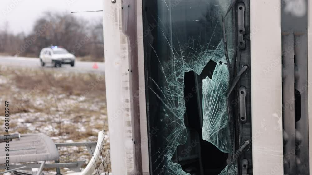 Broken windshield, Lights flashing, Police lights. After being involved ...