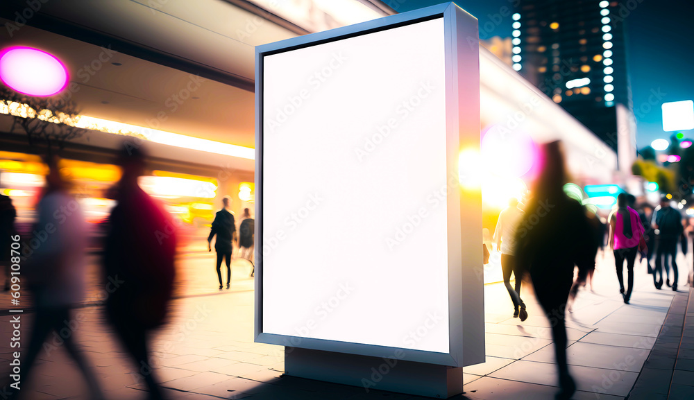 Vertical white empty LED billboard mockup in the city. AI generative advertising banner display ...