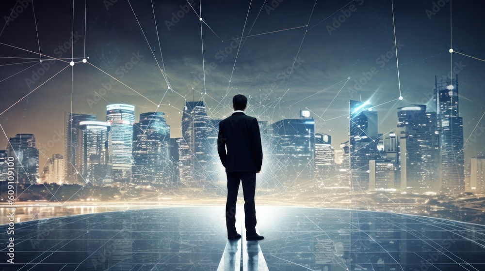 Generative AI Business man on future network city Stock Illustration ... Generative AI Business man on future network city Stock Illustration ...
