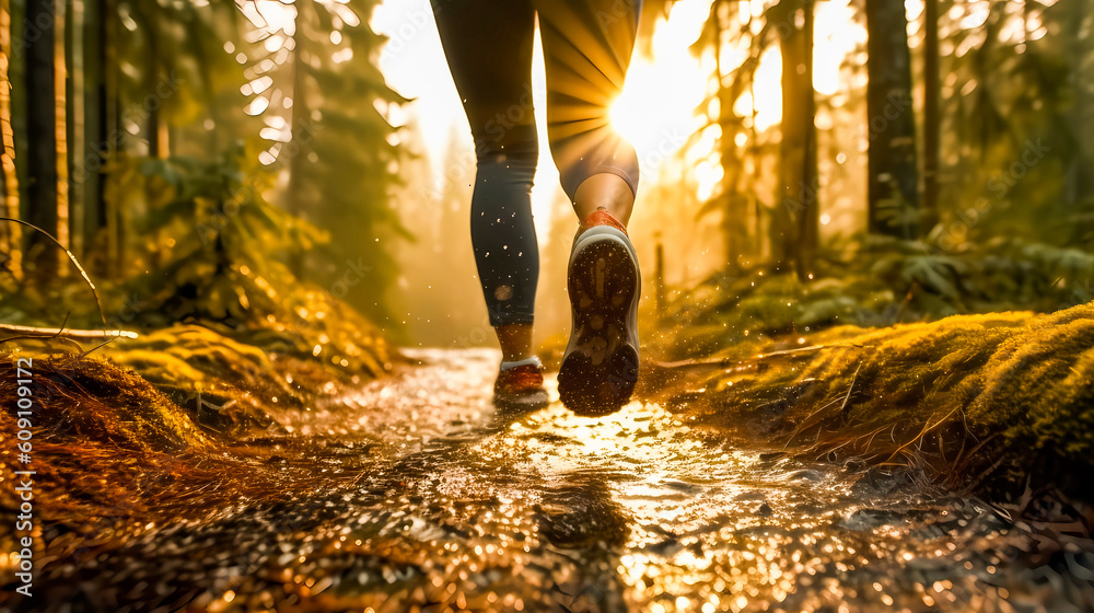 Athlete woman running in her sneakers trough the forest with sunlight ...