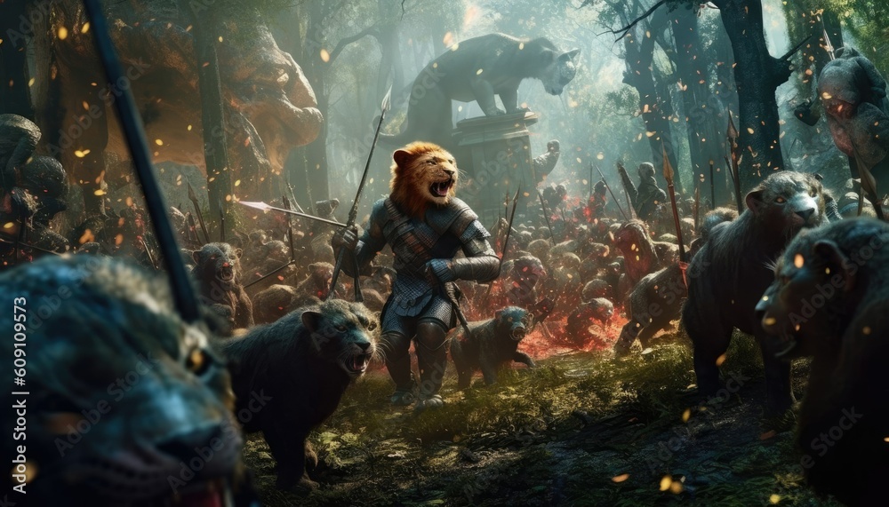 Lions leading an army of woodland creatures into battle against a ...