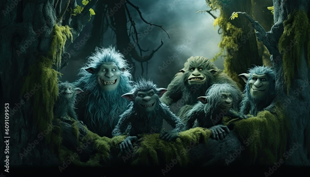 Trolls lurking in a shadowy forest their hulking forms adding an ...