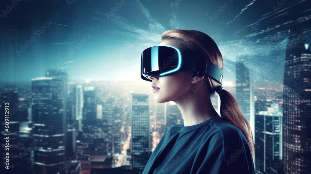 Generative AI Girl Experiencing virtual technology world Stock Illustration | Adobe Stock