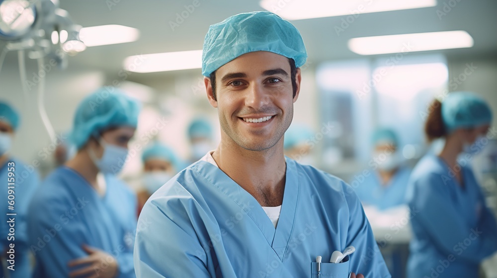 A young surgeon in the operating room after surgery. He looks at the ...