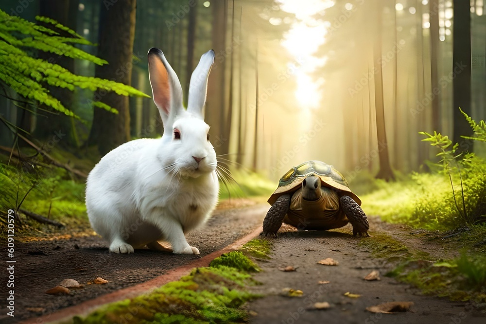 The hare and the tortoise racing in the forest, Generative Ai ...