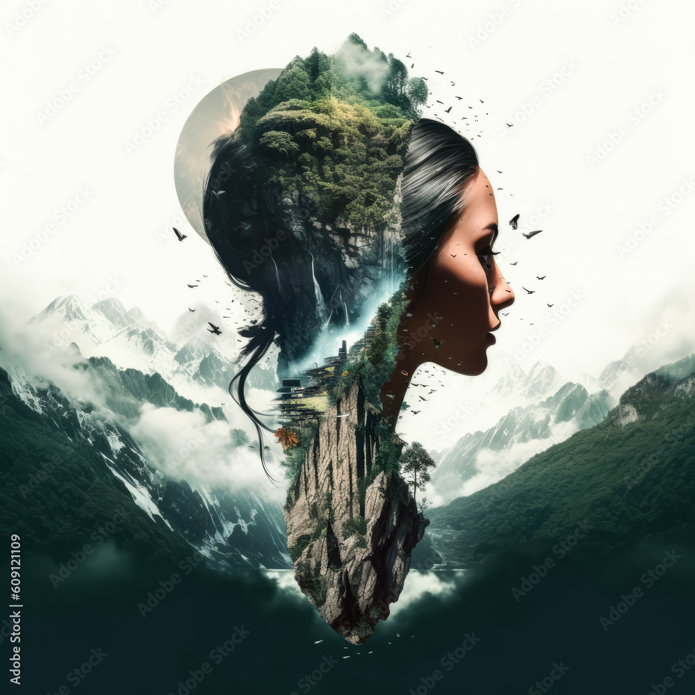 A figure is composed of overlapping face and landscape images, forming ...