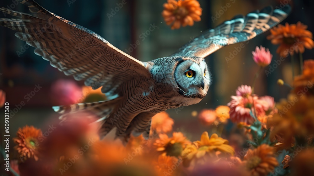 Stunning illustration of flying owl on spring field full of bright wild ...
